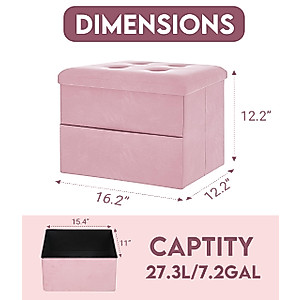 ZOES HOMEWARE Small Storage Ottoman Foot Rest, Velvet Ottoman with Storage and Side Pocket, Pink Foot Rest for Couch, Foldable Footstool Ottoman for Chair,Living Room&Dorm, 16"x12"x12" Pink