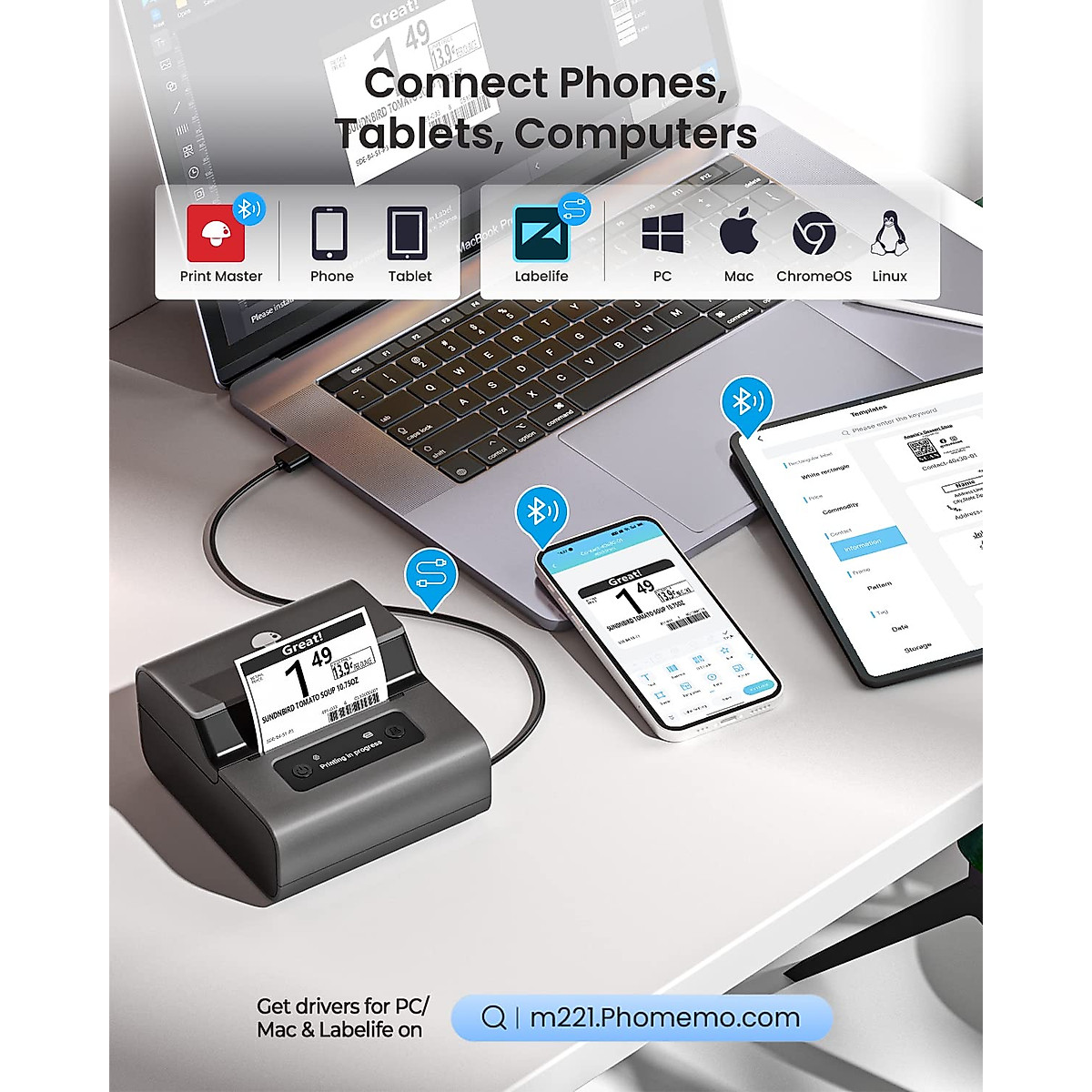Phomemo M221 Label Maker, Newest Upgraded 3 Inch Bluetooth Thermal, Easier & More Stable, for Product, Address, Barcode, Small Business, Portable Label Printer DIY on Phone/PC, Space Gray,+100 Labels
