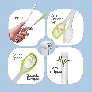 Grand Fusion 5 in 1 Tongs. Serving Set for Pasta or Salad, Herb Stripper, Sauce Spoon, Spatula - Scrapper,Fork and Spoon Spatula Grips. Heat Resistant, Non-Stick, and BPA Free
