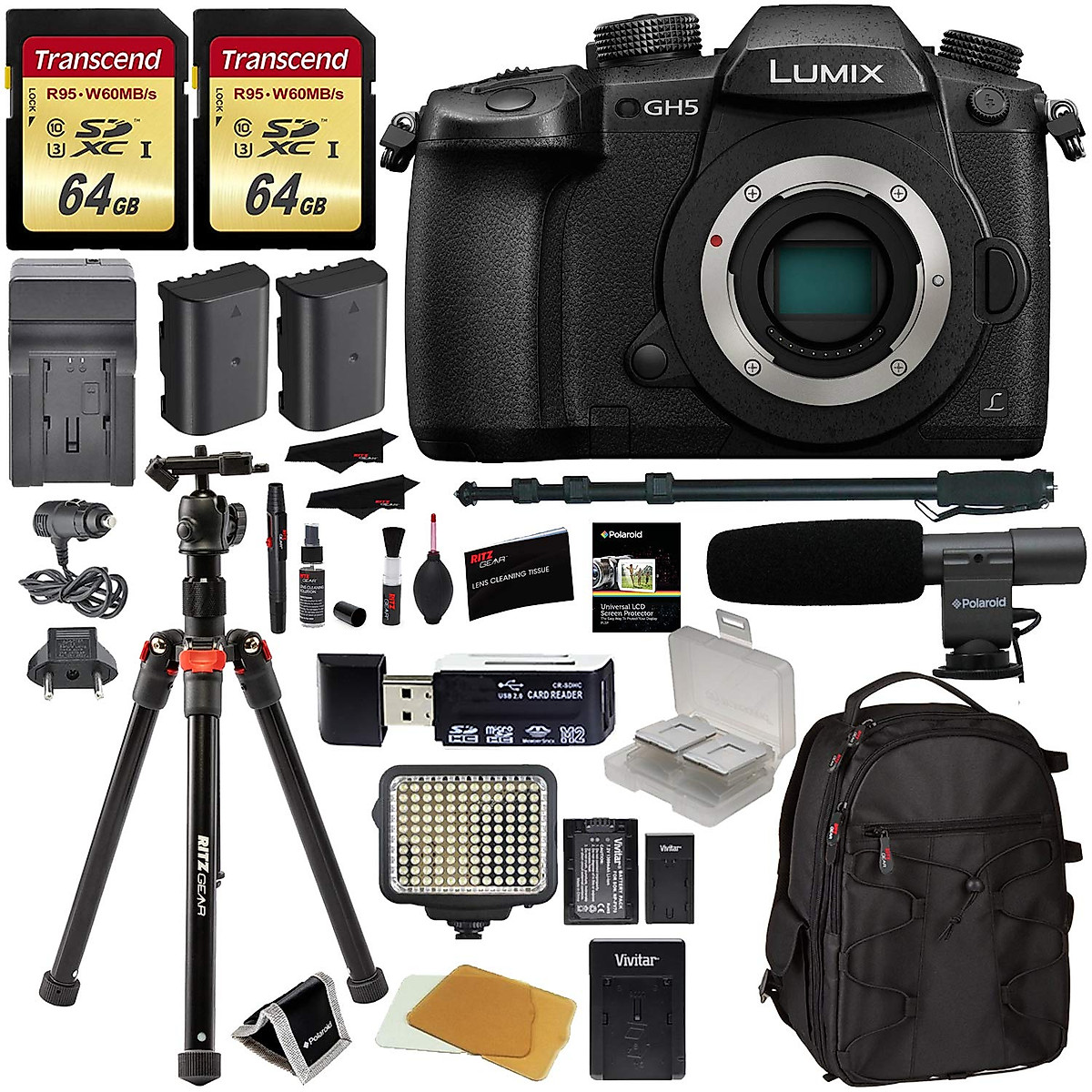 Panasonic Lumix DC-GH5 Mirrorless Micro Four Thirds Digital Camera Body, 2X Transcend 64GB, Professional Video LED Light, Microphone, Accessory Bundle