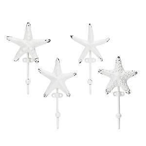 SOFFEE DESIGN Set of 4 Resin White Beach Starfish Coat Hooks, Starfish Retro Friction Process, High Load-Bearing, for Holiday Cottages, Seaside Cottages, Children's Rooms