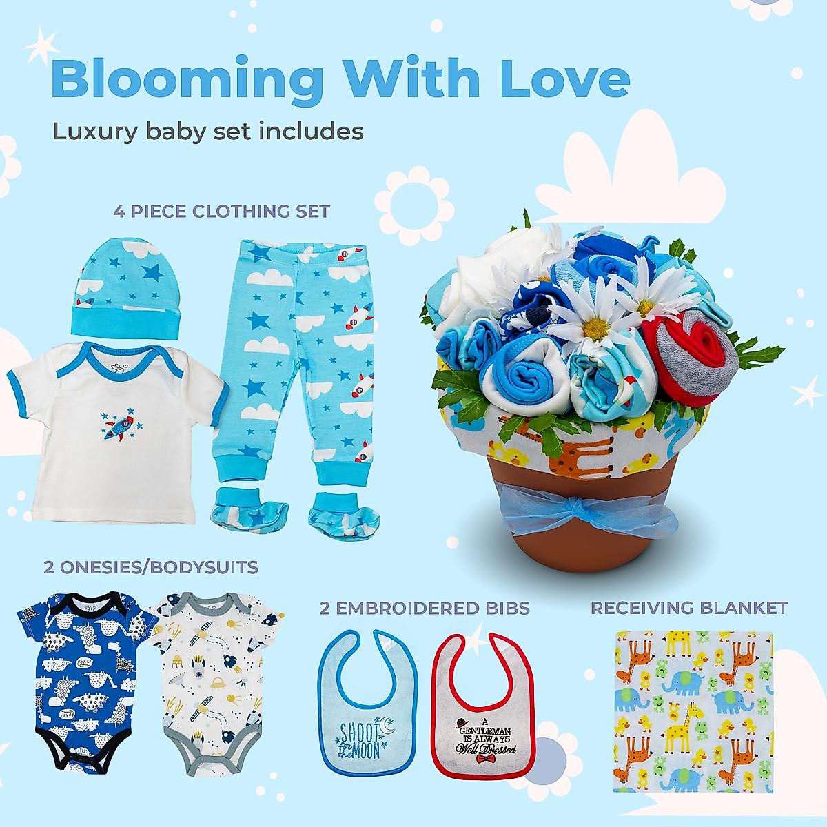 Baby Boy Clothing Flower Bouquet | Newborn Baby Boy Gift Basket with Baby Clothing Arranged Like Celebration Flowers, Creative Unique Blue Baby Set for Expecting Moms, Includes Spaceship Clothing Set