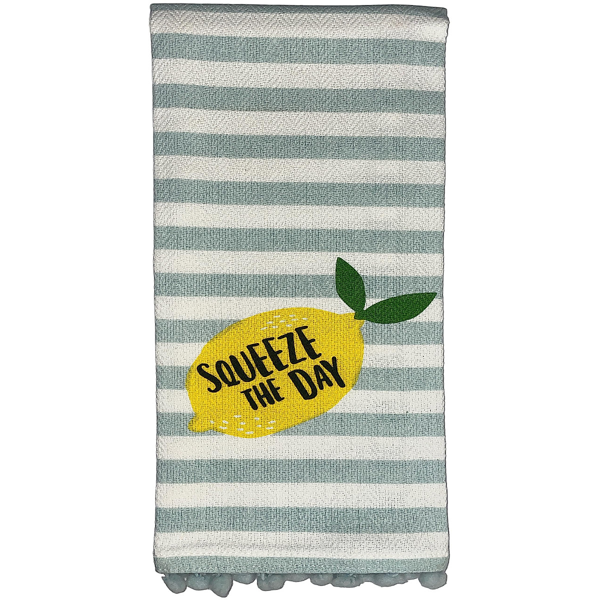 Petal Cliff Set of 2, 100% Cotton White Herringbone Pom Poms Funny Kitchen Towels with Lemon Saying, Squeeze The Day and Sky-Blue Dyed Waffle Weave Kitchen Towels/Dish Towels Size: 16 X 28 Inch.
