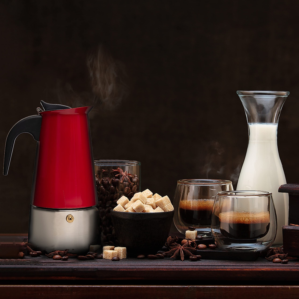 Mixpresso Stovetop Espresso Coffee Maker 15oz/9 Espresso Cup, Moka Coffee Pot with Coffee Percolator Design, Stainless Steel Stovetop Espresso Maker, Italian Coffee Maker, Red Coffee Maker