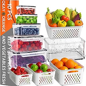 10 PCS Fruit Storage Containers for Fridge with Removable Colander, All-In-One Vegetable Berry Storage Containers for Washing, Draining, Freshness, the Largest Size with Handles