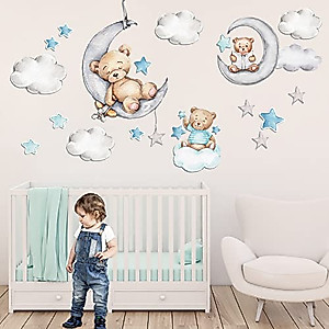 12 Sheet 78 Pcs Bear Wall Decals Decor, Sweet Dreams Little One Cloud Balloon Bear Boys Wall Decor Cute Bear Sleeping on The Moon Stars Wall Sticker for Kids Baby Room Nursery Decor
