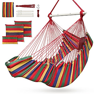 Outerman Hammock Chair, Hanging Chair with 3 Cushions and Foot Rest Support, Durable Metal Spreader Bar Max 440 Lbs, Swing Chair for Bedroom, Indoor & Outdoor, Patio, Porch or Tree（Red）