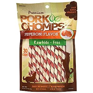 Pork Chomps Baked Pork Skin Dog Chews, 5-inch Mini Twists, Pepperoni Flavor Wrap, 30 Count
