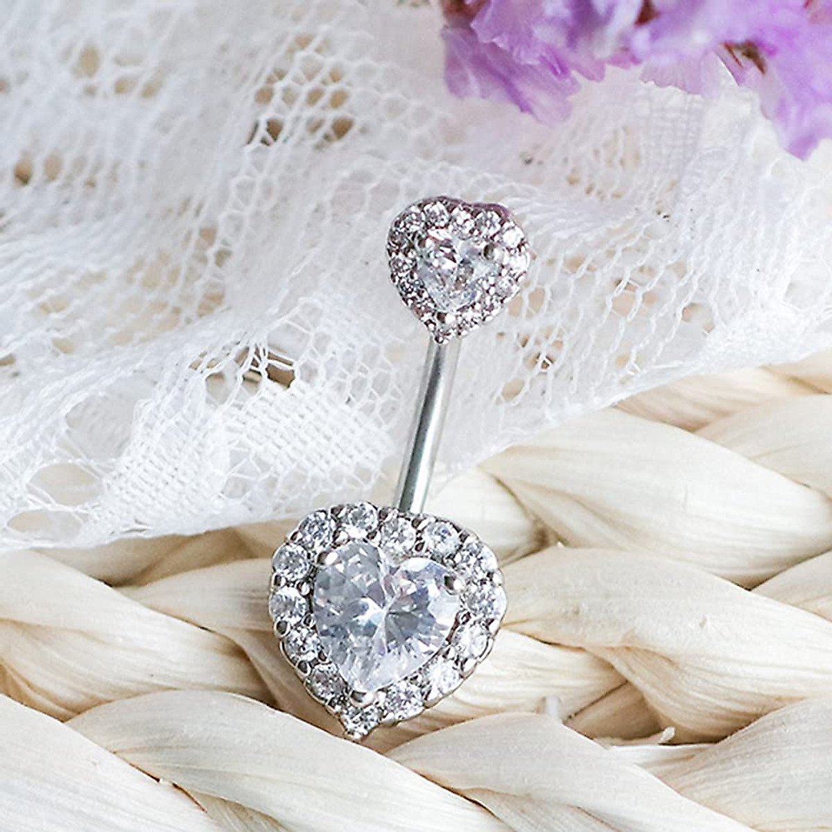 ClosJery Belly Button Rings Surgical Steel Pack Sexy Crystal Cute Dainty Zircon Goth Hippie Unique Heart Shaped Belly Button Rings Hypoallergenic Beach Jewelry for Bikini Women (Silver)