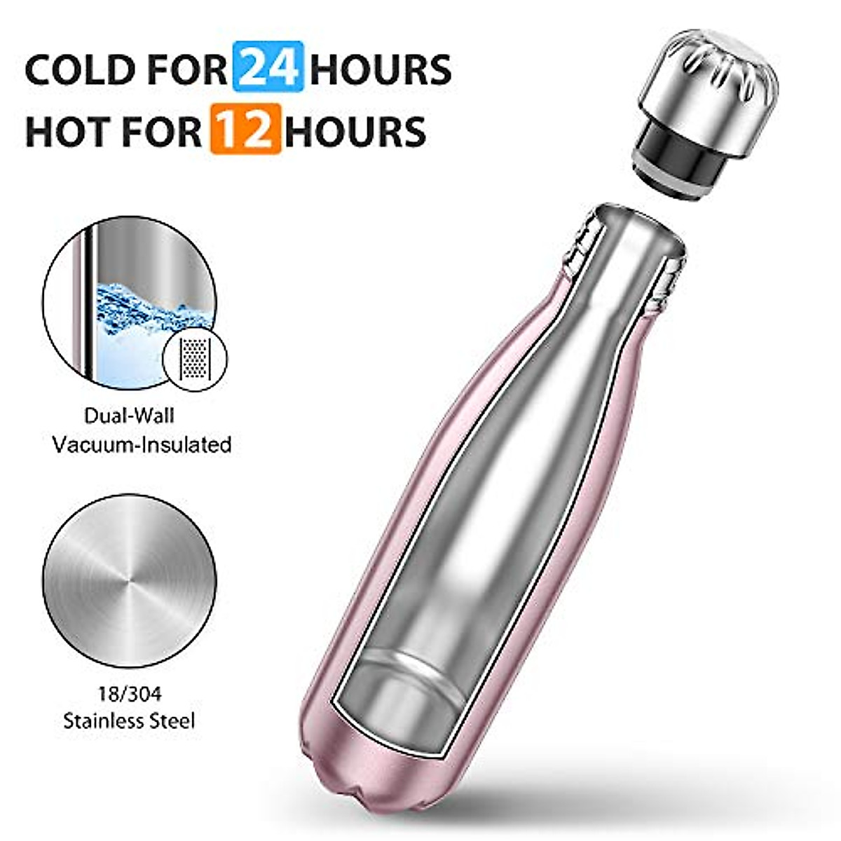 Flask Water Bottles: Sportneer 26oz Insulated Stainless Steel Water Bottle Reusable Double Walled Metal Bottle Cola Shape Thermos LeakProof 24 Hours Cold 12 Hours Hot for Travel Hiking 750ml Rose Gold