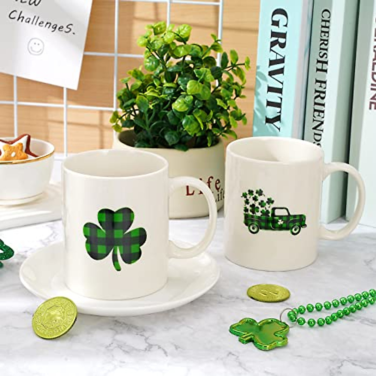 Whaline 2Pcs St Patrick's Day Mug Set 12oz Buffalo Plaid Shamrock Truck Coffee Mug Irish Ceramic Matching Mugs Party Cups for Home School Office Table Centerpieces Housewarming Gift
