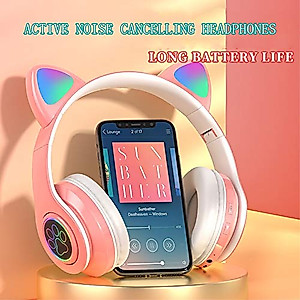 Amazing 7 Cat’s Ears LED Bluetooth Headphones, Active Noise Cancelling Headphones, Wireless Headsets Over Ear, 8Hours Playtime, Hi-Fi Stereo, Deep Bass for Music Game DJ (Sakura Pink)