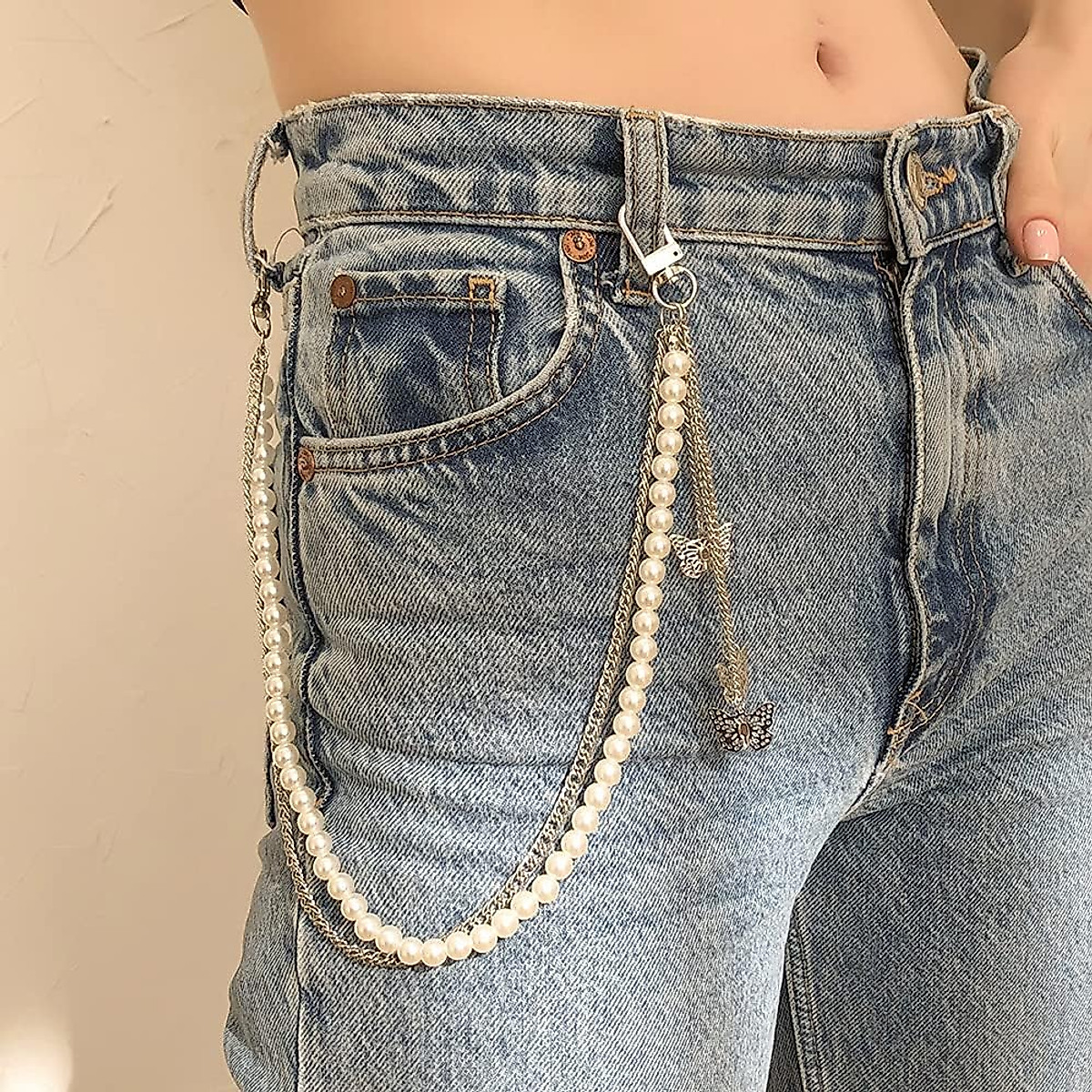 Wiwpar Punk Trouser Chain Pocket Chain Pearl Butterfly Jean Pants Belt Chains Waist Belly Body Chain Silver for Women and Girls