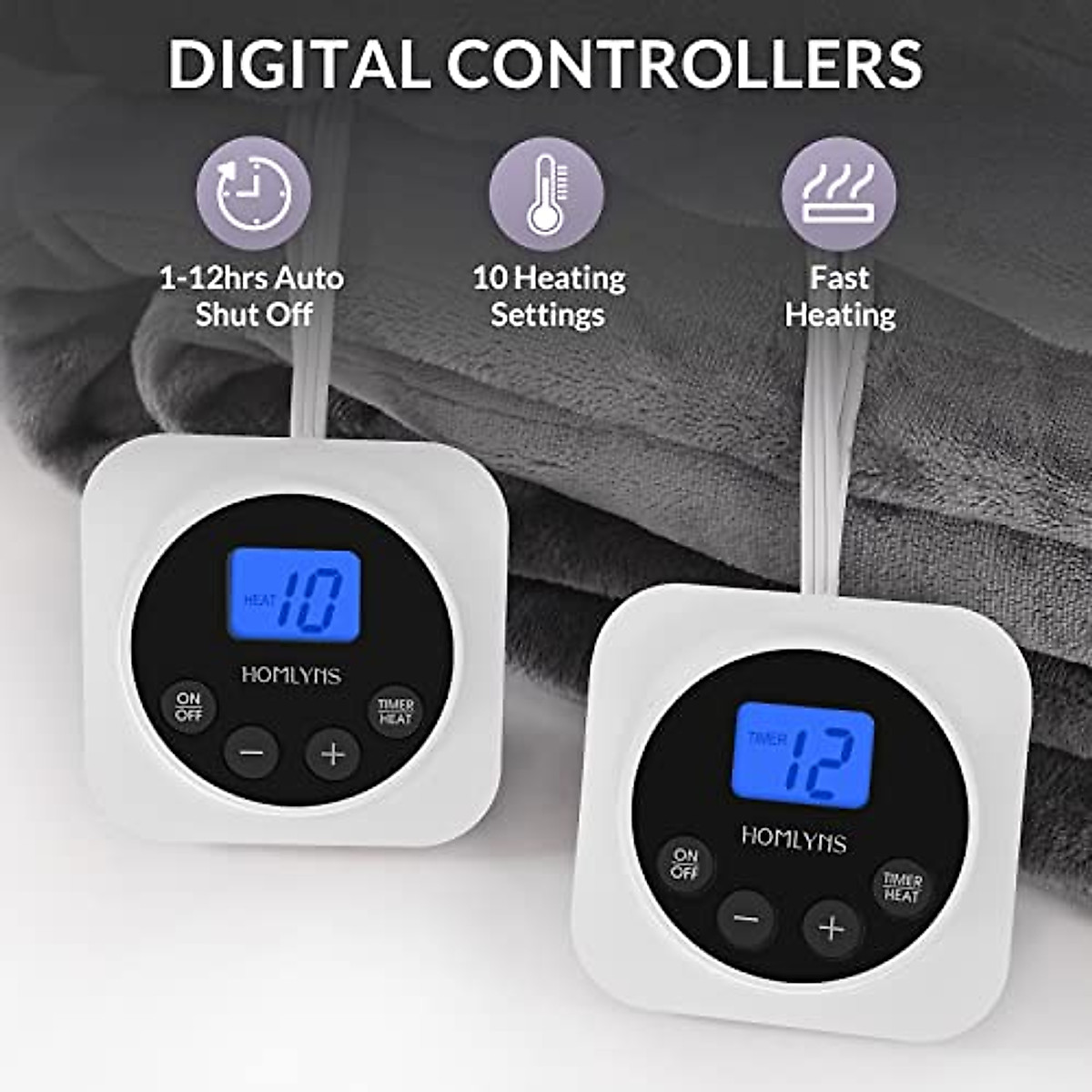 HOMLYNS Electric Blanket Queen Size Dual Control, Heated Blanket with 1-12H Timer Auto-Off & 10 Heating Levels, Fast Heating Blanket Machine Washable, Home Office Use ETL Certified, Grey (84x90)