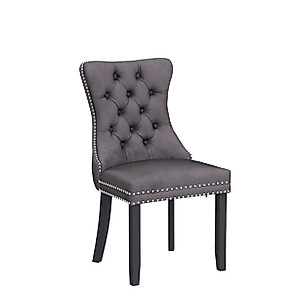 Kiztir Velvet Dining Chairs Set of 4, Upholstered Dining Chairs with Ring Pull Trim and Button Back, Luxury Tufted Dining Chair for Living Room, Bedroom, Kitchen (Gray)