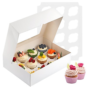 Svalor Cupcake Boxes, 2 Pack Disposable Cupcake Containers, Food Grade Cupcake Carrier 12 Count with Window and Inserts, Cupcake Transport Holders Bulk for Muffins Cookies Treats Dessert（White）