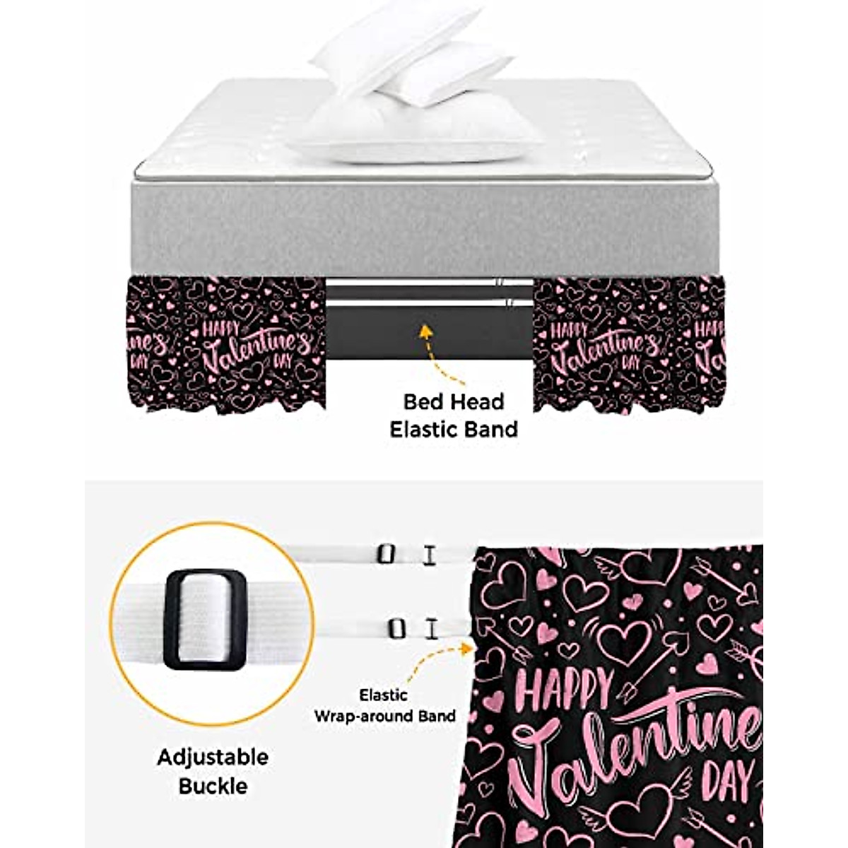 Valentine's Day Bed Skirt King Size 16 Inch Drop, Adjustable & Elastic Wrap Around Bed Skirts Pleated Luxury Dust Ruffles for Twin Full Queen Cal King Base Bed, Pink Black Romance Love Heart