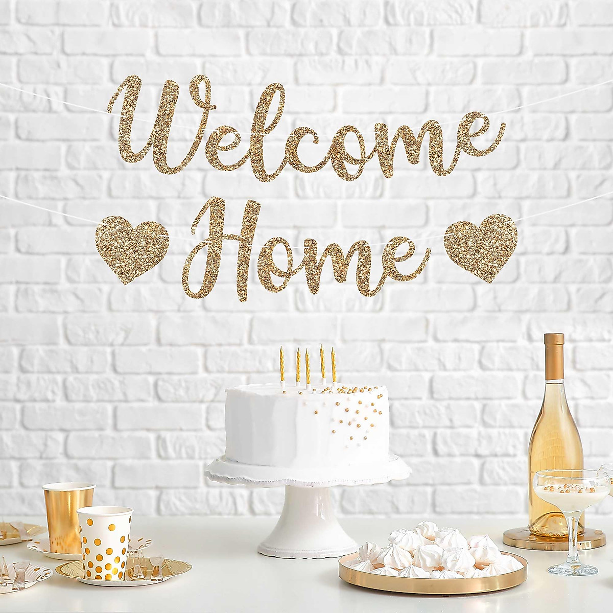 Pre-strung Welcome Home Banner - No DIY - Gold Glitter Script Welcome Home Banner - Pre-strung on 6 ft Strand - Housewarming, Homecoming, & Military Return Party Decorations. Did We Mention No DIY