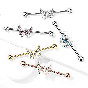Amelia Fashion 14 Gauge Marquise Crystal Center Crystal Paved Butterfly 316L Surgical Steel Industrial Barbell (Choose Color) (Gold/Clear)