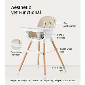 Convertible Baby High Chair, 3-in-1 Wooden Highchair/Toddler Chair with Removable Tray, Feeding & Dining Chair with 5-Point Harness, PU Cushion, Footrest for Babies & Toddlers, Beige