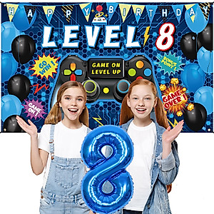 Vlipoeasn 90PCS 8th Birthday Video Game Party Decorations for Boys Set Blue 8th Birthday Supplies -8th Video Game Backdrop, Balloons, Tablecloth, Gamer and 8 Foil Balloons for 8th Birthday Party