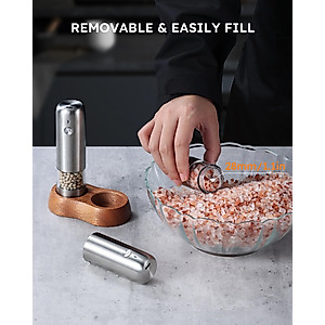 FORLIM Mini Electric Salt and Pepper Grinder Set with Wood Base, USB Rechargeable, Small Automatic Salt Pepper Mill Grinder, Travel/Outdoor BBQ/Children, One-Button Control (2 Packs, Stainless Steel)