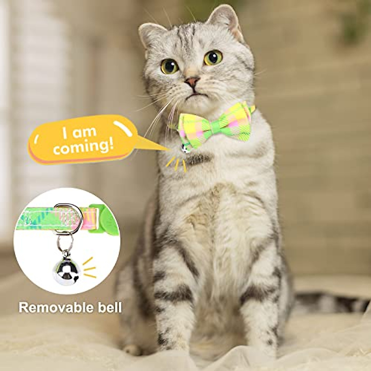 Breakaway Cat Collar with Bow Tie and Bell, Cute Flower & Bandana, 3 Pack Safety Buckle Kitten Collars, Adjustable Pet Collar for Girl Boy Cats Puppy (Green)