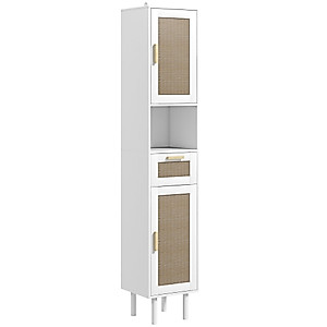 HOMCOM Tall Bathroom Storage Cabinet with Rattan Doors, Freestanding Bathroom Cabinet with Open Shelf, Drawer, Cabinets and Adjustable Shelves for Small Space, White