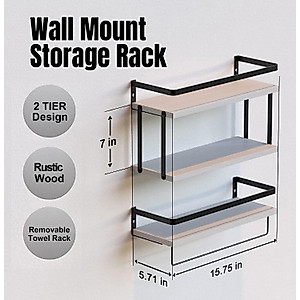 RICHER HOUSE 2+1 Tier Wall Mounted Floating Shelves Set of 2, Rustic Wood Wall Shelf with Metal Frame, Extra Storage Rack for Bathroom, Kitchen, Bedroom with Tissue Rack & Towel Bar - White