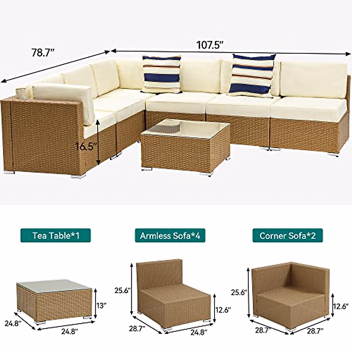 YITAHOME 7 Pieces Patio Furniture Set, Outdoor Sectional Sofa PE Rattan Wicker Conversation Set Outside Couch with Table and Cushions for Porch Lawn Garden Backyard (Yellow+Beige)