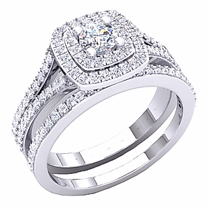 Dazzlingrock Collection 1.50 Carat (ctw) Round White Cubic Zirconia Halo Split Shank Engagement Ring Set for Her in 10K White Gold Size 10