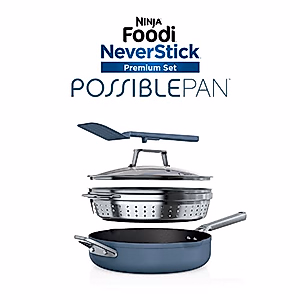 Ninja CW102BL Foodi NeverStick PossiblePan, Premium Set with 4-Quart Capacity Pan, Steamer/Strainer Basket, Glass Lid & Integrated Spatula, Nonstick, Durable & Oven Safe to 500°F, Macaron Blue