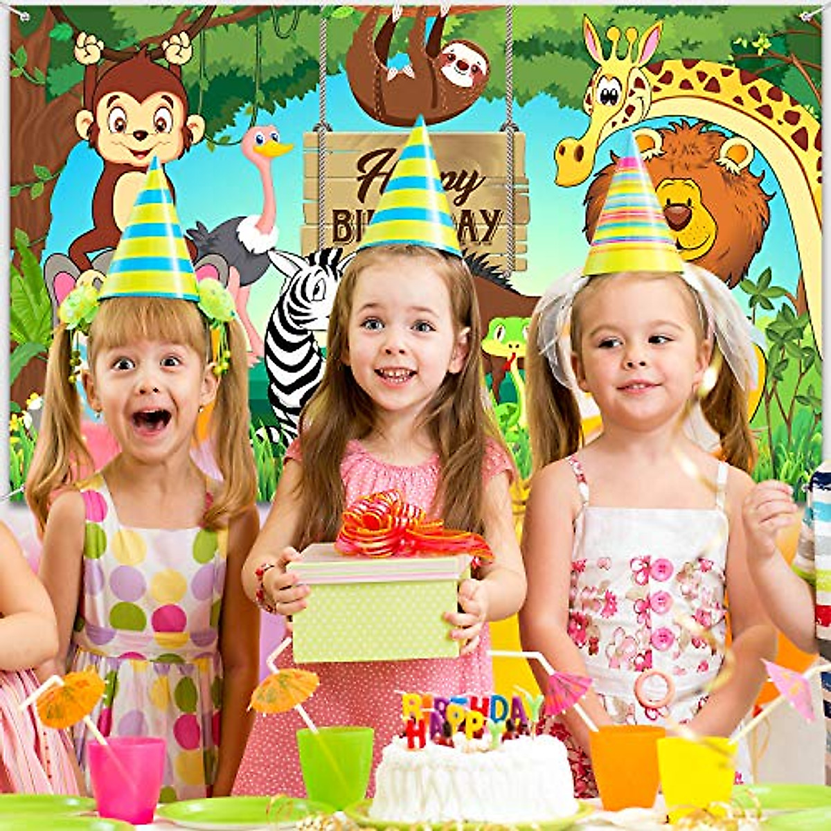 Jungle Animal Theme Backdrop for Birthday Party, Large Fabric Safari Animal Elements Printed Happy Birthday Backdrop Funny Cartoon Forest Background for Birthday Party Decorations, 6 x 3.6 ft