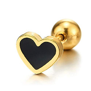 Stainless Steel Pair Womens Tiny Gold Color Flat Heart Stud Earrings with Black Enamel, Screw Back