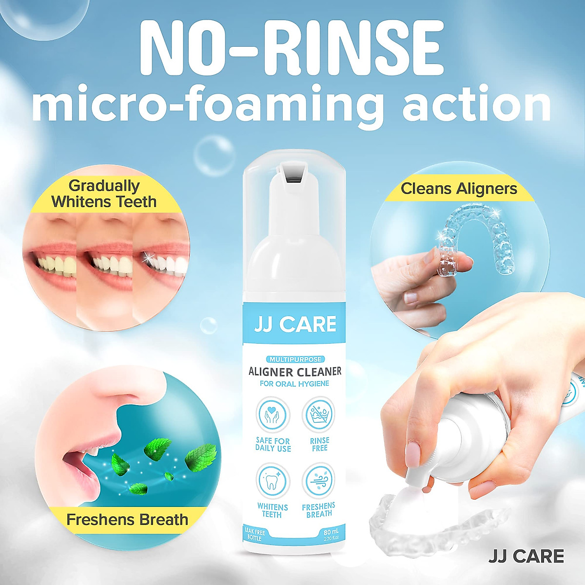JJ CARE Aligner Cleaner - Pack of 2, 80ml Invisalign Cleaner, Lemon-Flavored Clear Retainer and Aligner Cleaner and Whitener, Kills Bacteria, Whitens Teeth & Fights Bad Breath