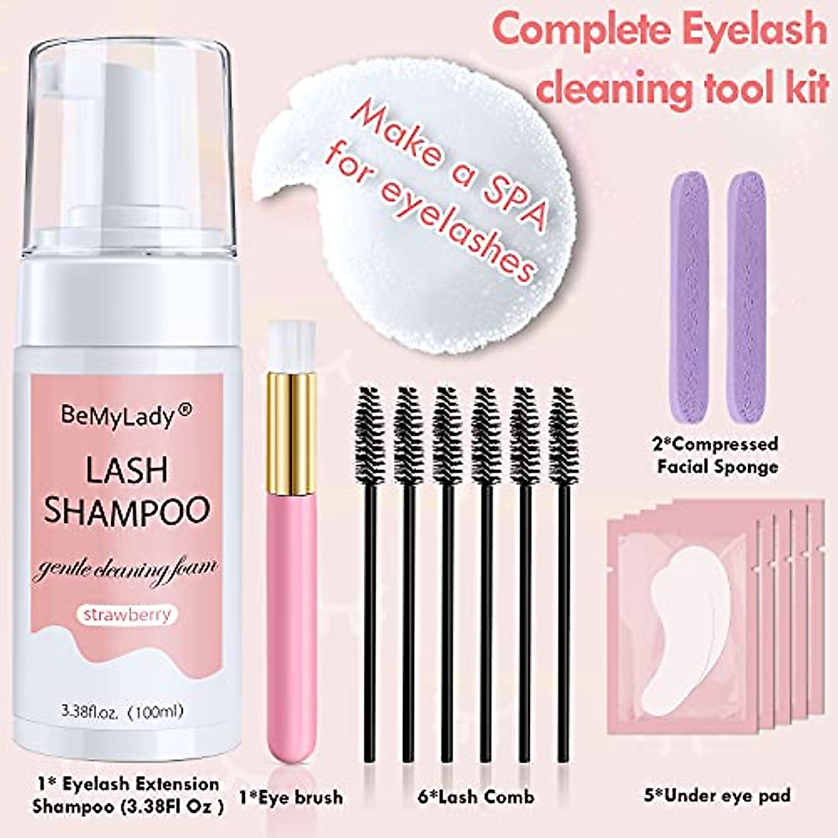 BeMyLady Eyelash Extension Shampoo 100ml Eyelash Shampoo for Lash Extensions Gentle Eyelid Foaming Cleanser for Sensitive Skin Remove Makeup & Oil, Paraben & Sulfate Free (3.38Fl Oz)