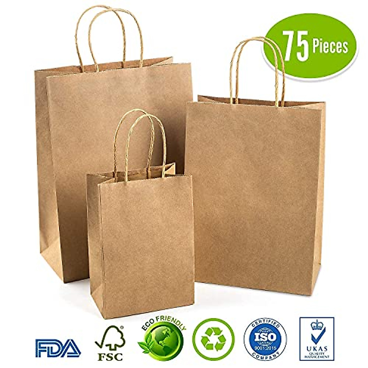 WDC Brown paper bags with handles bulk, 75 craft bags, 25 each (large, medium & small). Plain paper bags great for shopping, gift bag with assorted sizes