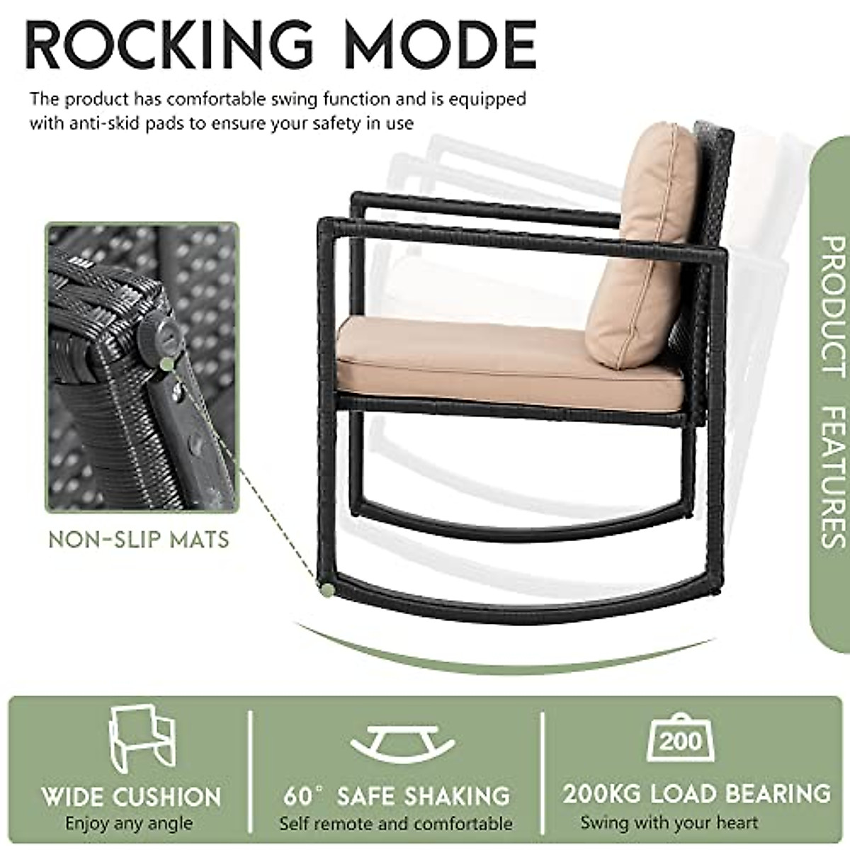 FDW Wicker Patio Furniture Sets Outdoor Bistro Set Rocking Chair 3 Piece Patio Set Rattan Chair Conversation Set for Backyard Porch Poolside Lawn with Coffee Table,Black