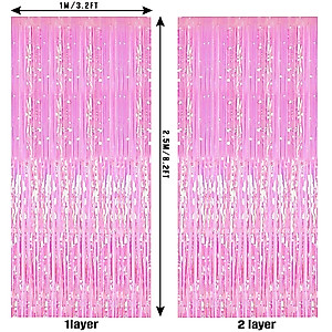 2 Pack Neon Pink Foil Fringe Curtain, 3.2x8.2 Feet Metallic Tinsel Photo Booth Pros Streamer Curtains for Party Birthday Wedding 2023 Graduation Decoration Supplies (Iridescent Pink)