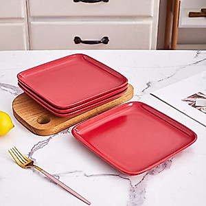 Bruntmor 8 inch Ceramic Dinner Plates- Set of 4, Porcelain Pasta Salad Plate Set For Kitchen, Dinnerware Dish Set, Dishwasher & Microwave Safe - Red