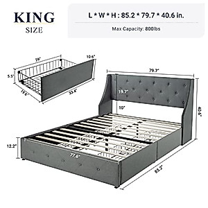 Allewie King Size Bed Frame with 4 Storage Drawers and Wingback Headboard, Button Tufted Design, No Box Spring Needed, Light Grey