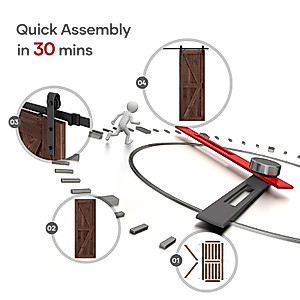 ROYMELO 30x84 inch Sliding Barn Wood Door Slab with 5ft Hardware Kit and Handle, Coffee, K Shape, Simple DIY Assembly