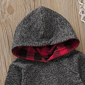 ODASIRA Newborn Baby Boy Clothes Fall Winter Infant Outfits Long Sleeve Hoodie Romper + Red Plaid Pants Set Grey 0-3 Months 70cm