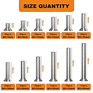 Zmbroll M3 Phillips Flat Head Machine Screws,304 Stainless Steel Countersunk Fasteners Bolts Assortment Kit M3 x 5mm/8mm/10mm/12mm/14mm/16mm/18mm/20mm/25mm/30mm/35mm/40mm