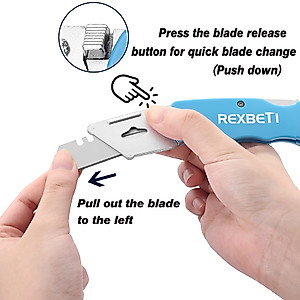 REXBETI 4-Pack Folding Utility Knife Quick-change SK5 Box Cutter for Cartons, Cardboard and Boxes, Back-lock Mechanism with 10 Extra Blades