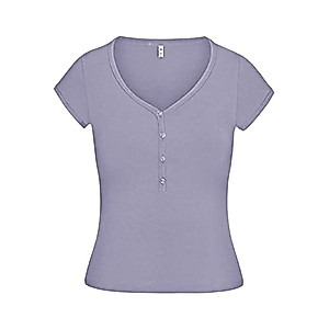 REORIA Women’s Summer Sexy Casual Henley V Neck Button Down Short Sleeve Going Out Y2K Ribbed Tshirts Crop Tops Light Haze Blue Small