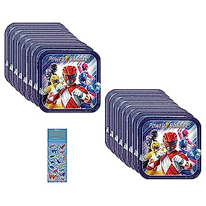 Power Rangers Birthday Party Supplies Bundle includes 16 Dessert Cake Paper Plates and 1 Dinosaur Sticker Sheet