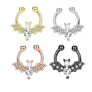 EVISPOL 4Pcs 16G Fake Septum Nose Rings for Women Men, Stainless Steel Faux Bat Septum Ring Clip On Septum Jewelry CZ Nose Cuffs Non Piered Nose Piercing Jewelry-4Pcs-Bat-Colors