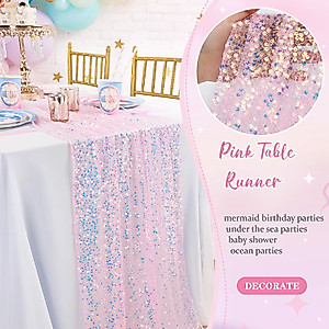 Pink Table Runner 10FT Glitter Iridescent Sequin Table Runner 25x120 Inches for Bridal Baby Shower Girls Birthday Party Sweetheart Table Decorations