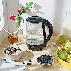 BELLA 1.7 Liter Glass Electric Kettle, Quickly Boil 7 Cups of Water in 6-7 Minutes, Soft Blue LED Lights Illuminate While Boiling, Cordless Portable Heater, Carefree Auto Shut-Off, Black